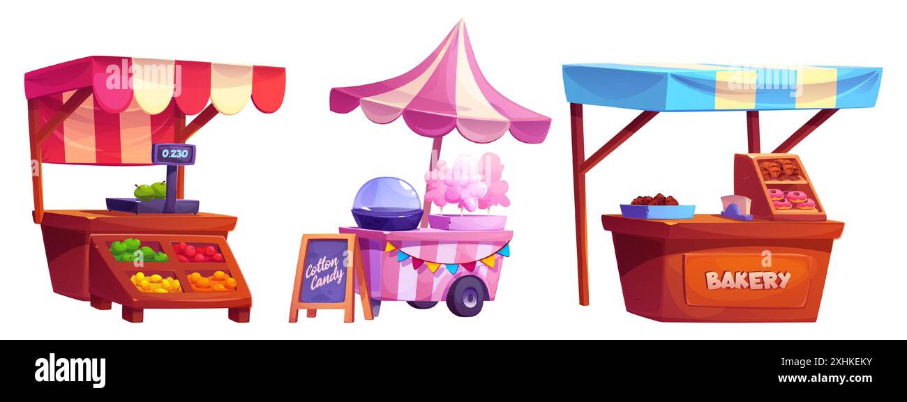 Street food market stall. Fruit shop stand vector cartoon. Vegetable ...