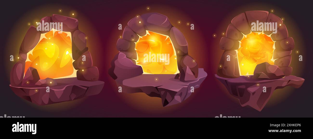 Magic portal with stone doorway and yellow glow vortex. Cartoon vector ...