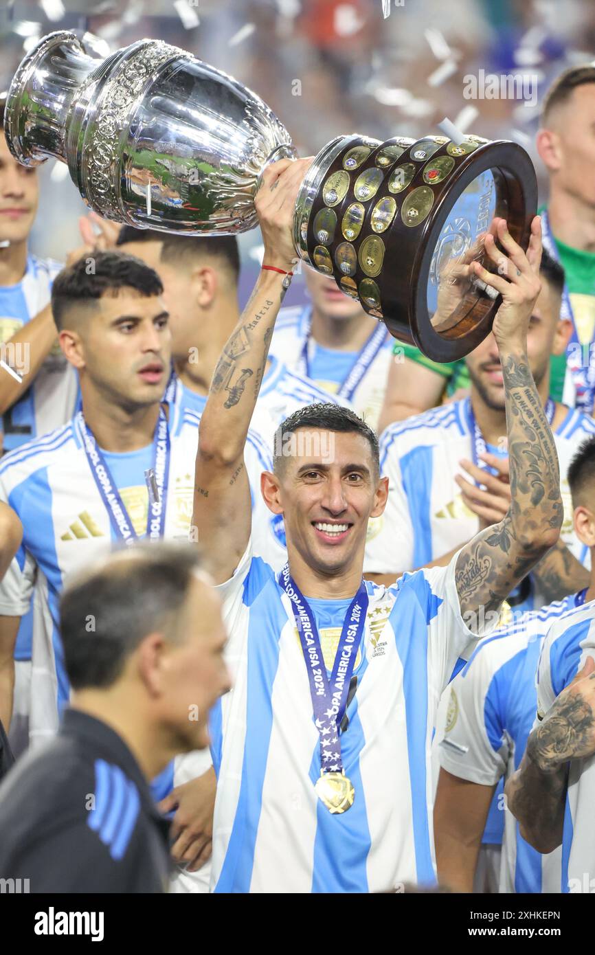 Miami, United States. 15th July, 2024. Angel Di Maria lifts up the ...