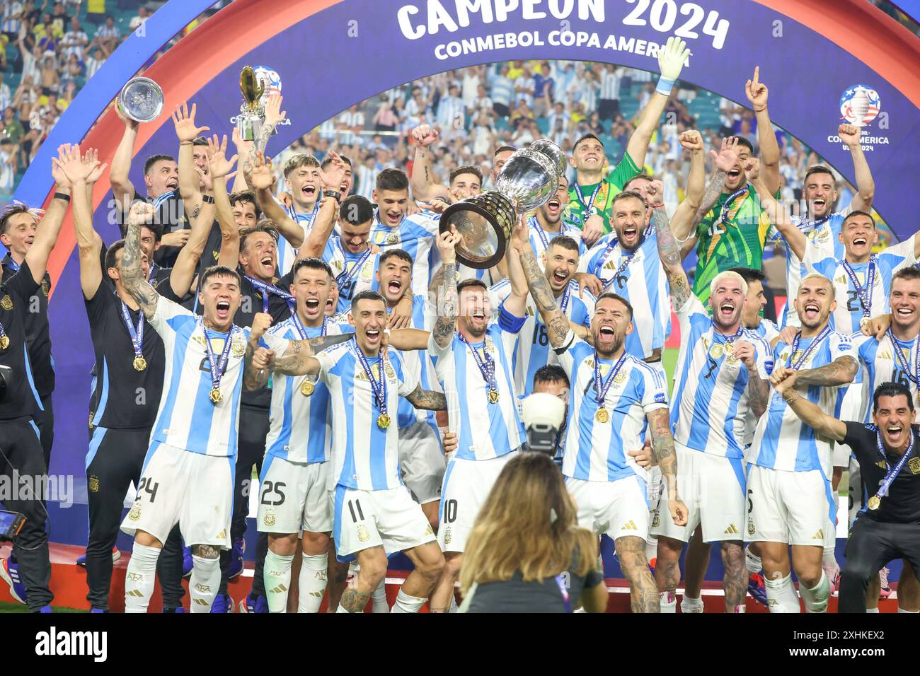 Miami, United States. 15th July, 2024. Lionel Messi lifts up the trophy ...