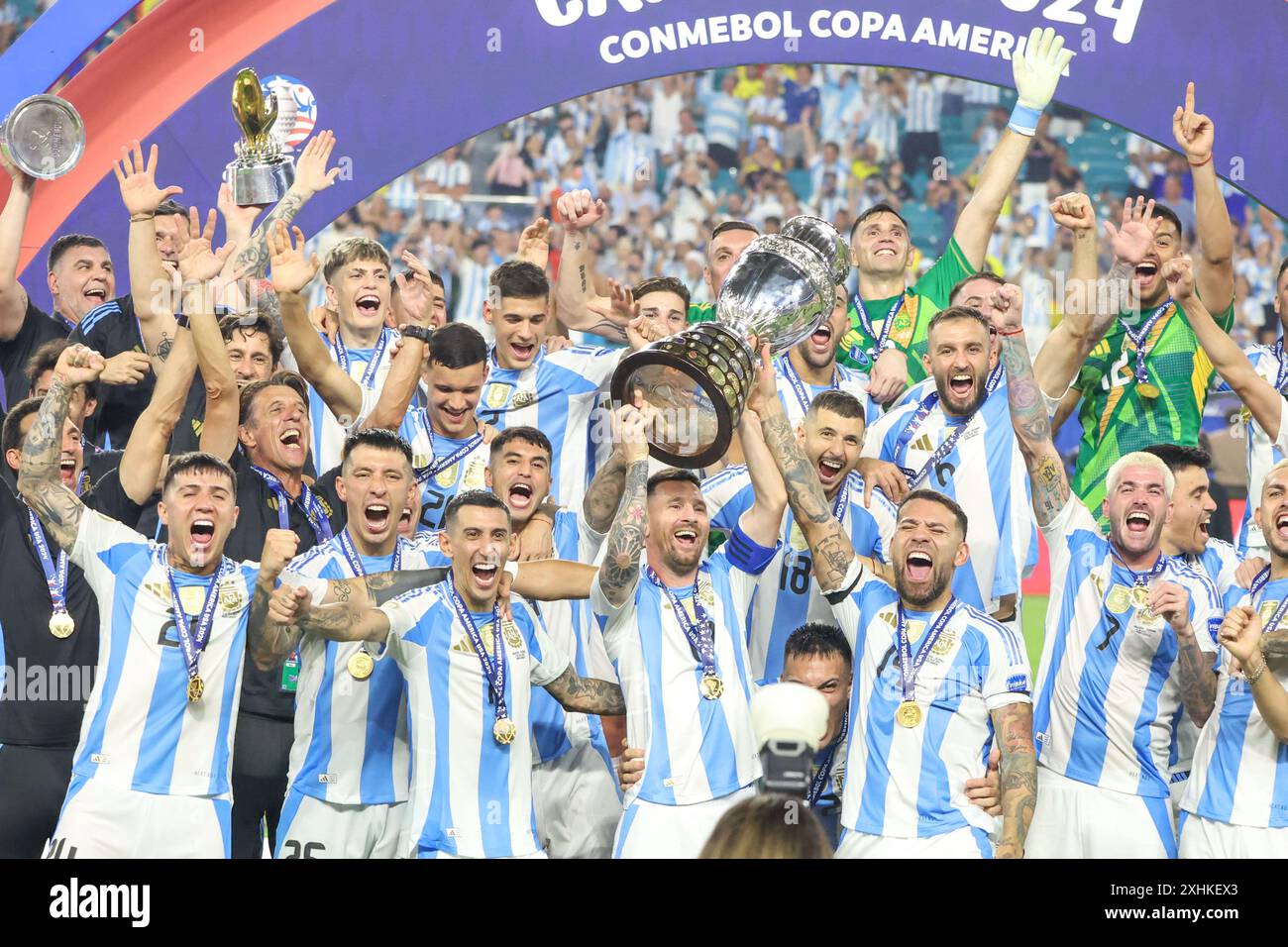 Miami, United States. 15th July, 2024. Lionel Messi lifts up the trophy ...
