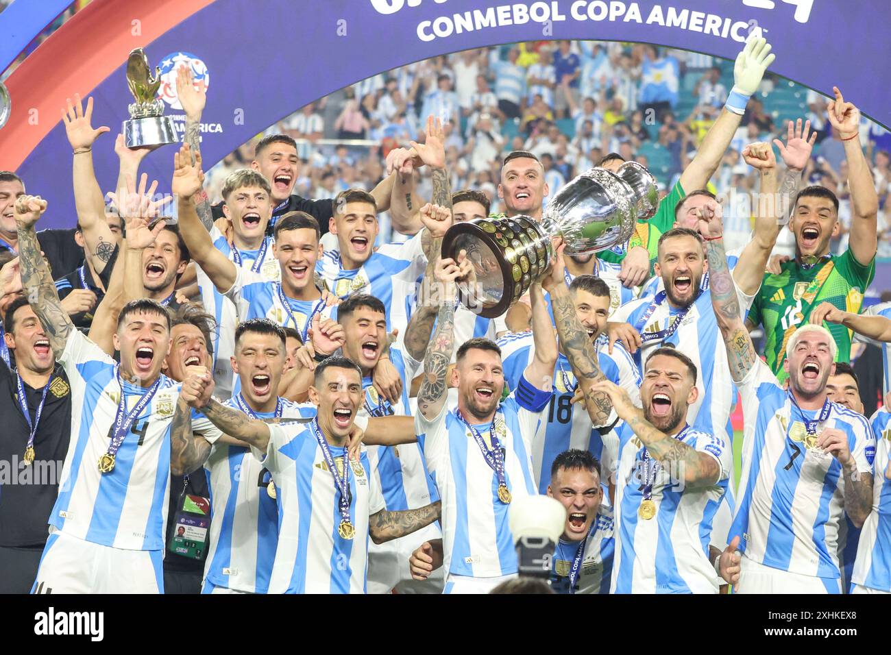 Miami, United States. 15th July, 2024. Lionel Messi lifts up the trophy ...