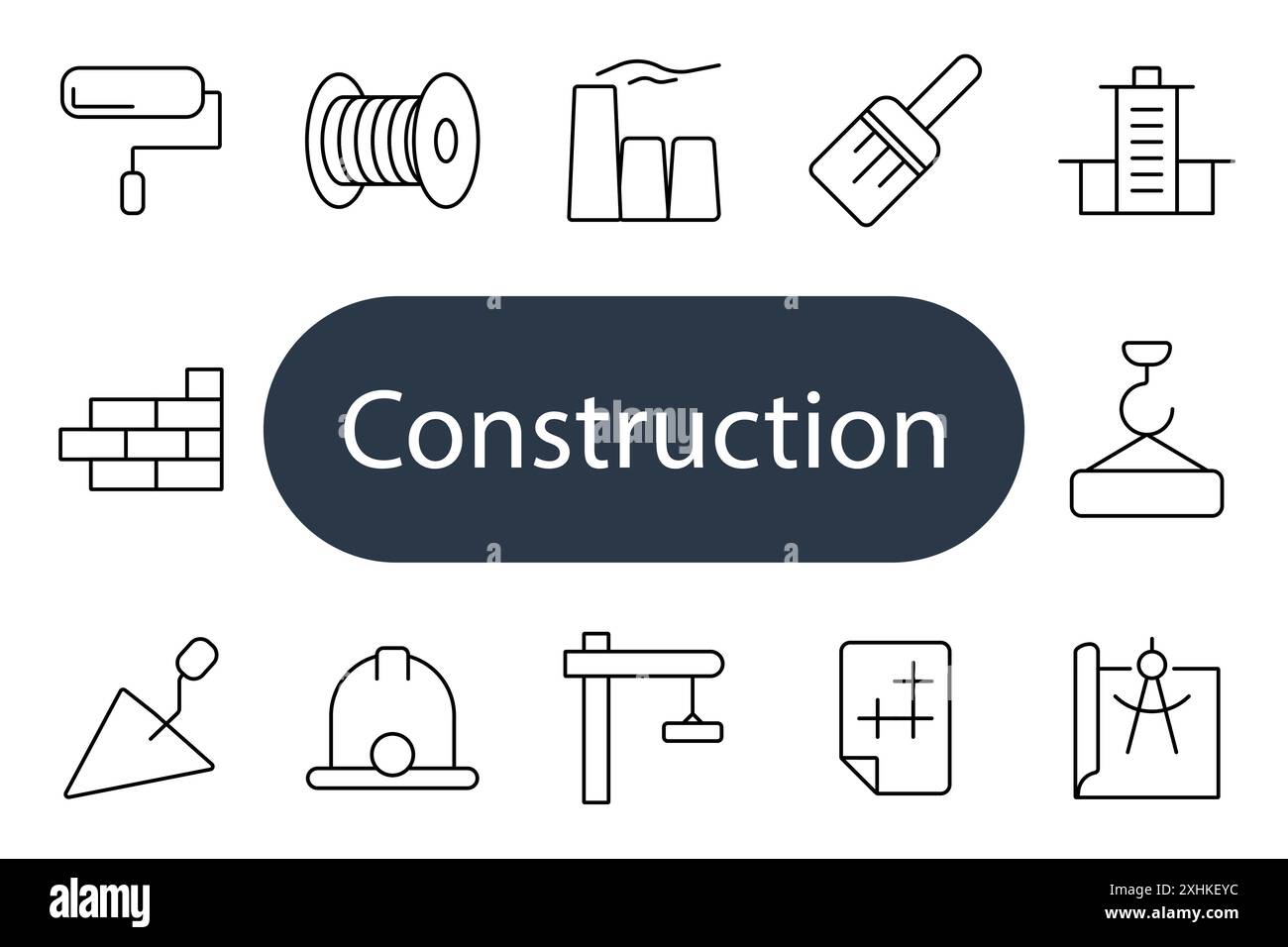 Construction set icon. Paint roller, spool, factory, skyscraper, bricks ...