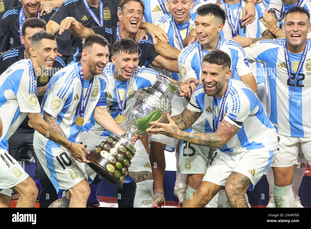 Miami, United States. 15th July, 2024. Lionel Messi lifts up the trophy ...
