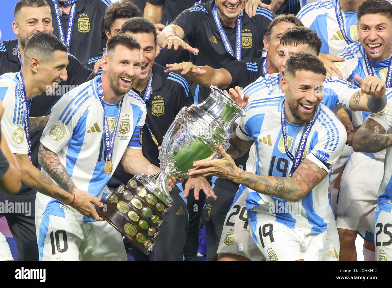 Miami, United States. 15th July, 2024. Lionel Messi lifts up the trophy ...