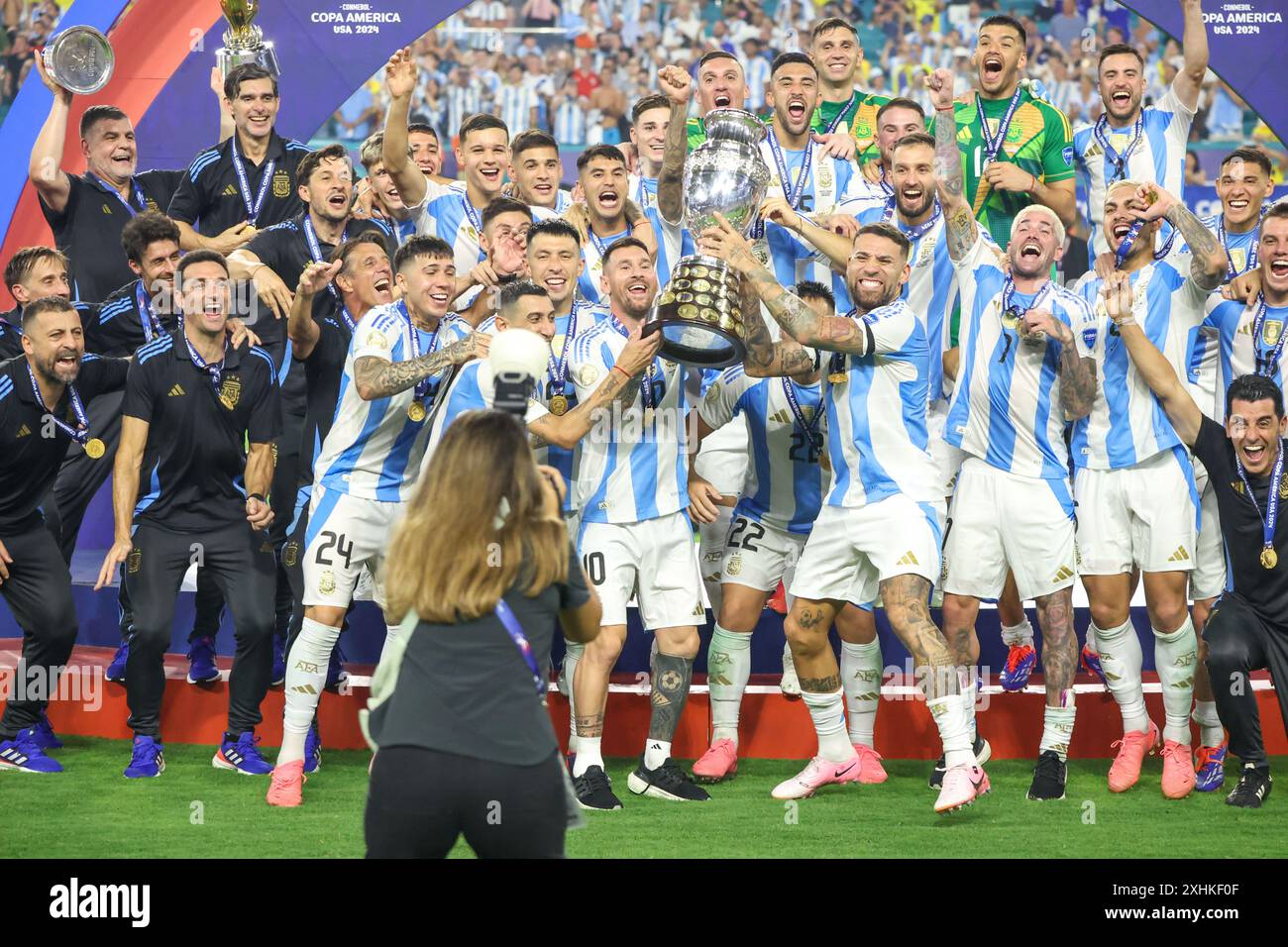 Miami, United States. 15th July, 2024. Lionel Messi lifts up the trophy ...