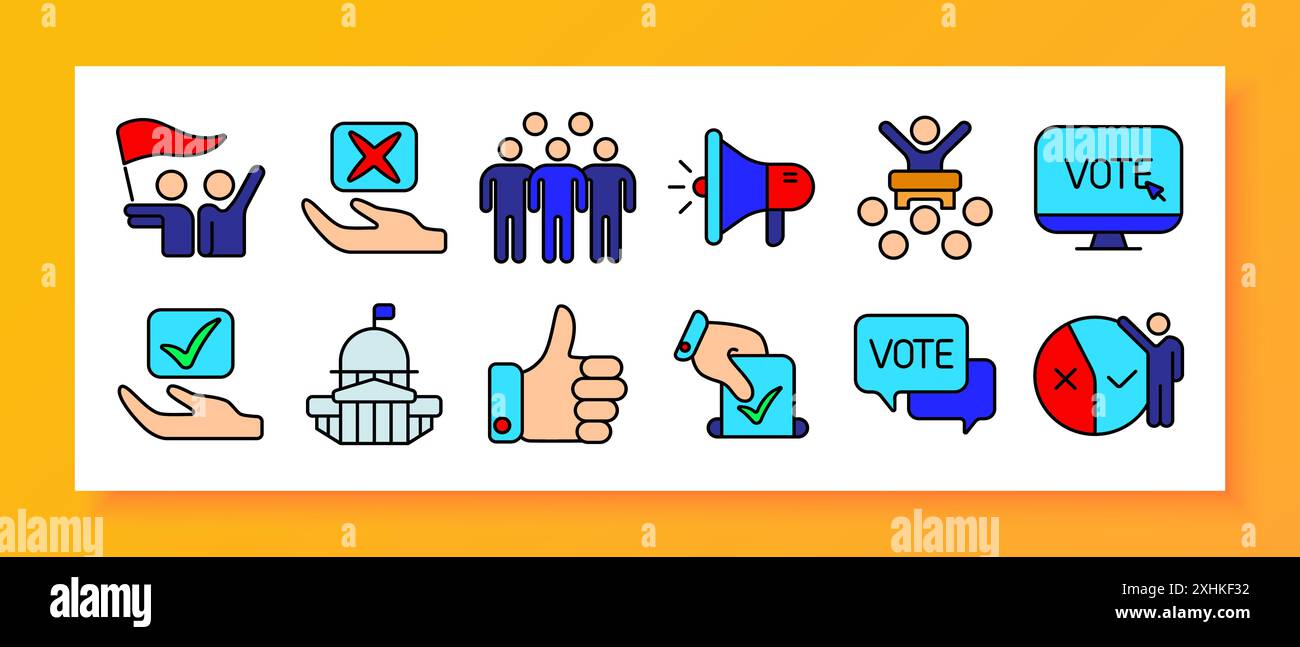 Election set icon. Voting, results, rally, ballot, government, thumbs ...