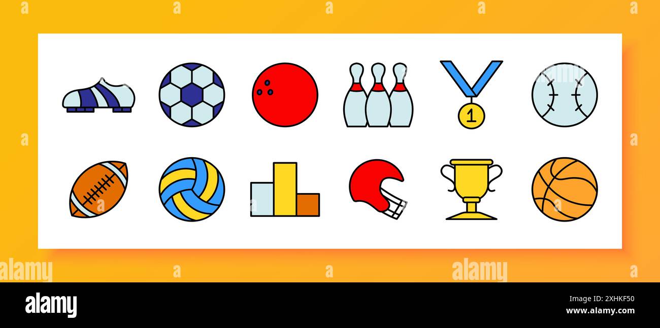 Sports balls set icon. Soccer ball, bowling ball, bowling pins, medal ...