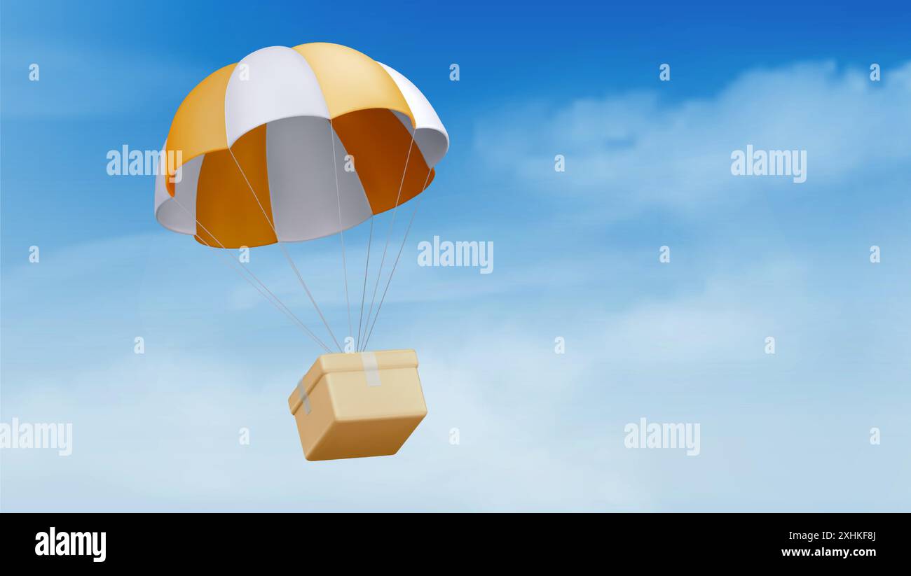 3d parcel delivery. Airdrop fly box shipping by balloon. Cardboard ...