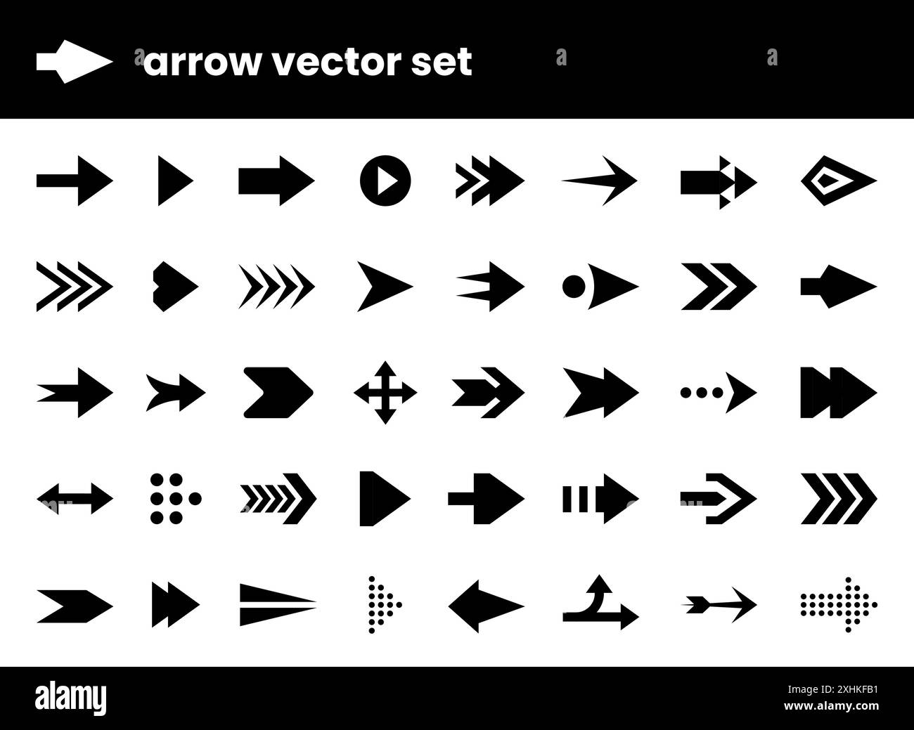 Arrow icons. Up and down symbols. Modern right or left direction. Round play button. Black ...