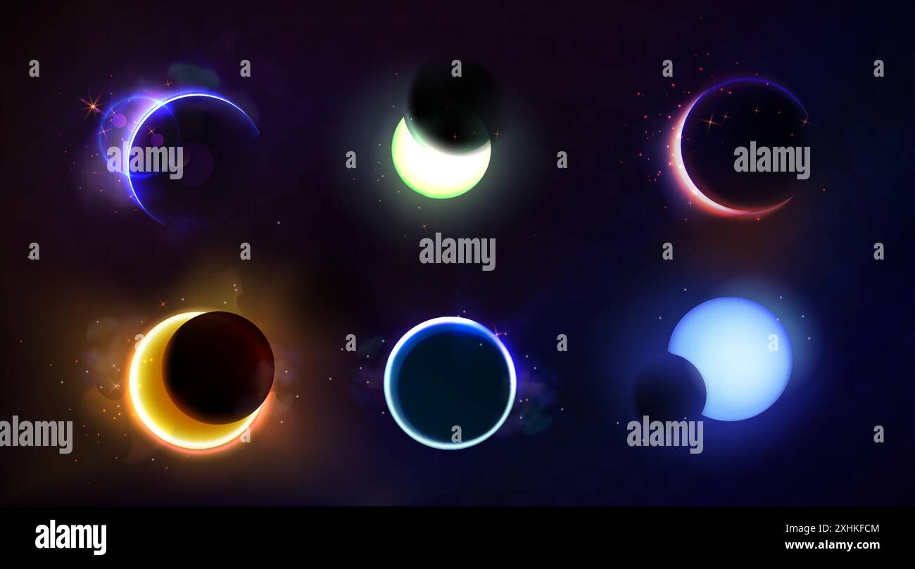 Total and partial solar eclipse with different neon glow colors on dark night sky background ...