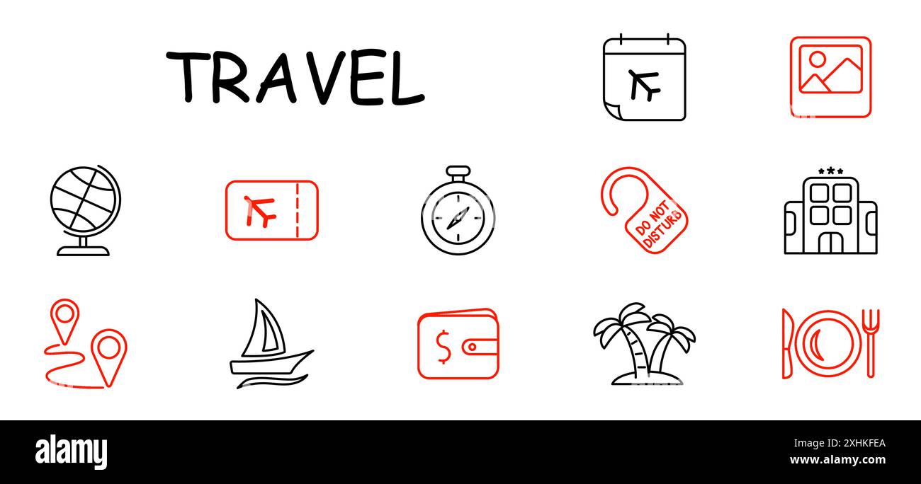 Travel set icon. Globe, ticket, compass, do not disturb sign, hotel ...