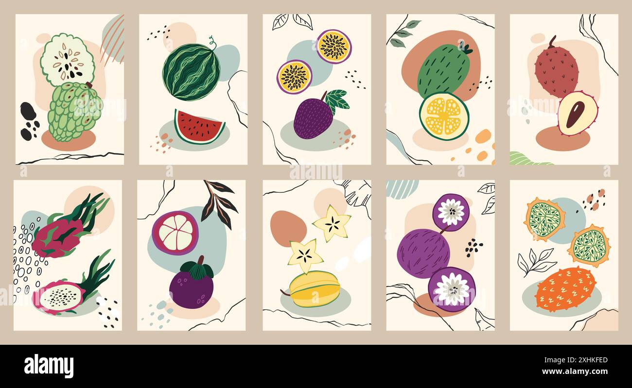 Exotic fruits posters set. Colorful jackfruit, watermelon and mangostin ...