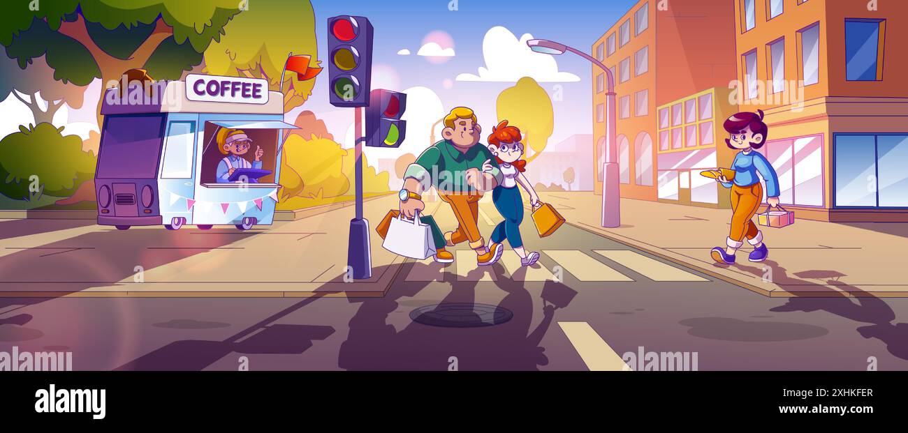 People walking on pedestrian crosswalk on city street. Cartoon vector ...