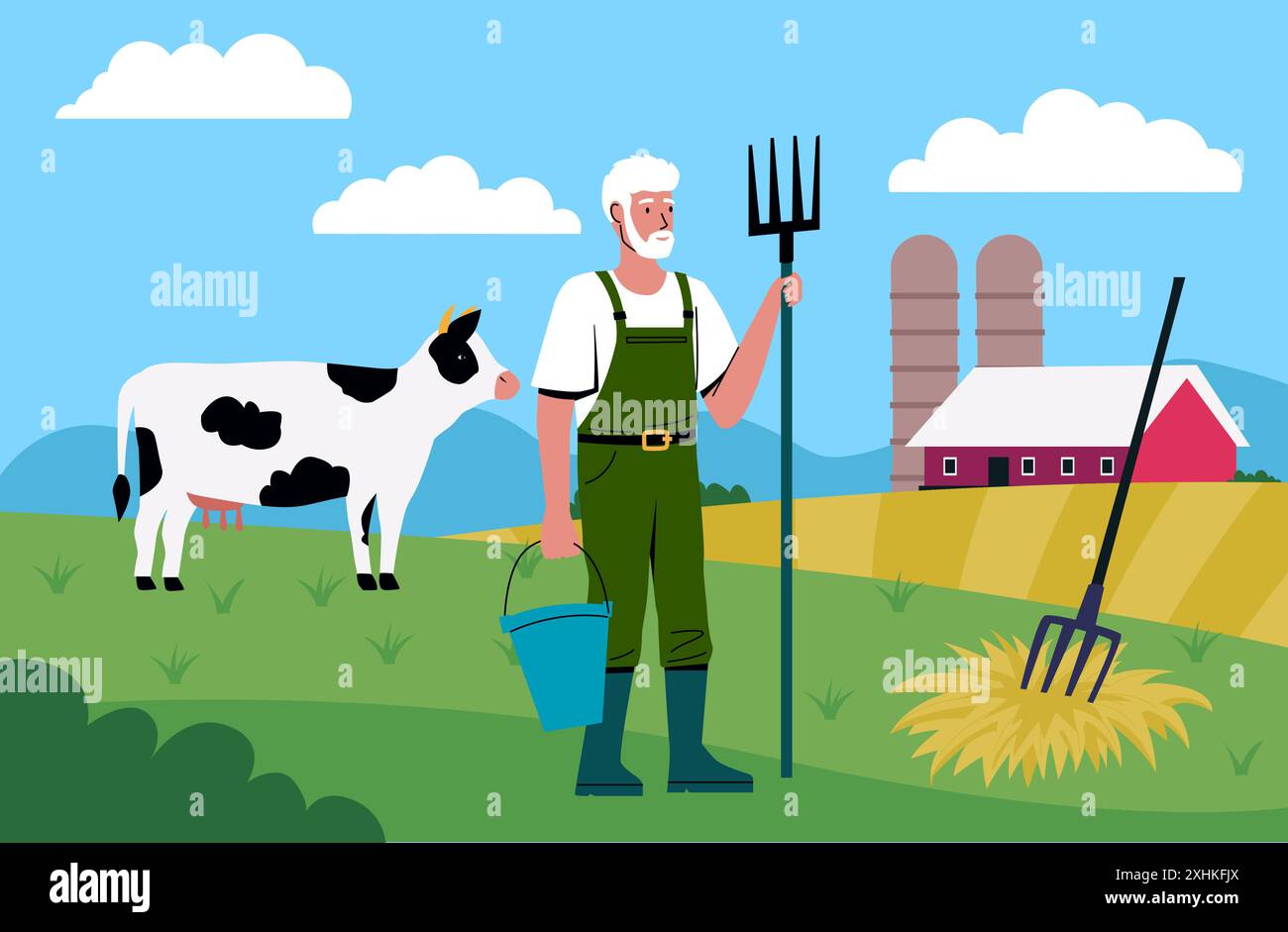 Cartoon farm. Countryside landscape. Farmer man with bucket and hay ...