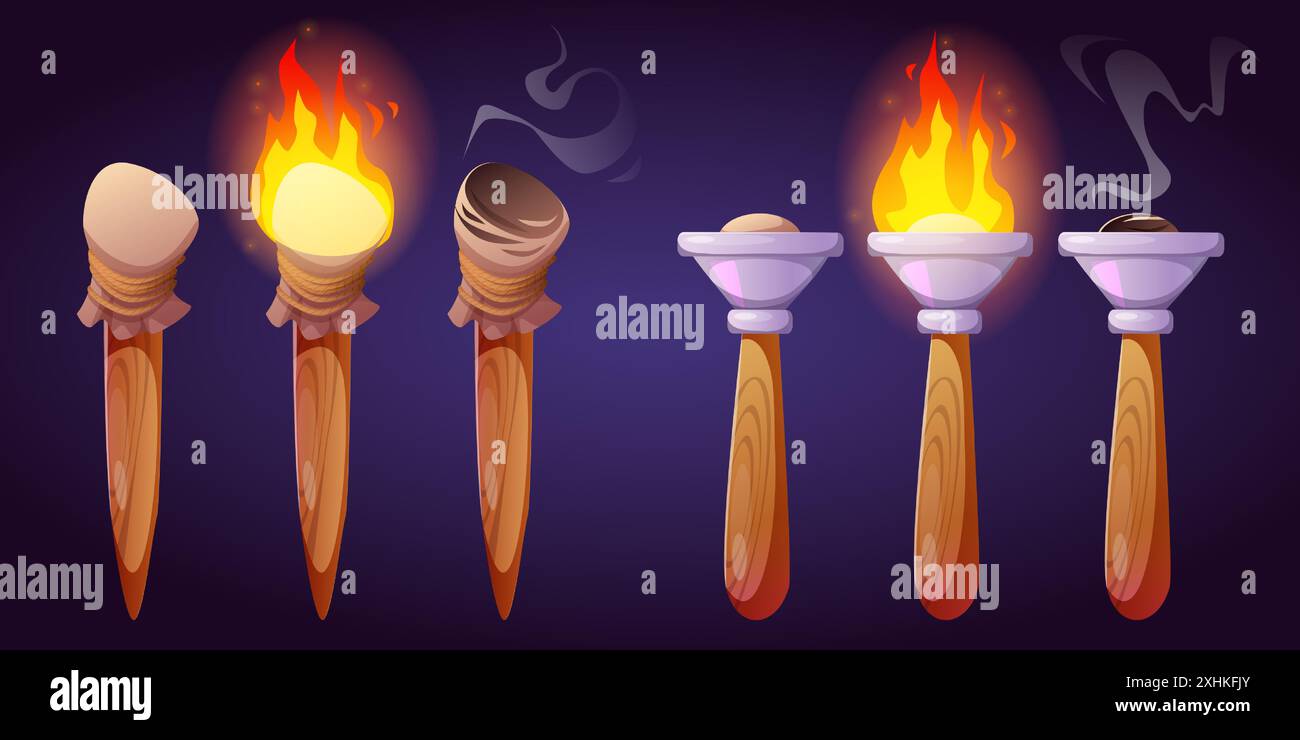 Different shape torch ready to use, burning with fire and extinguished ...