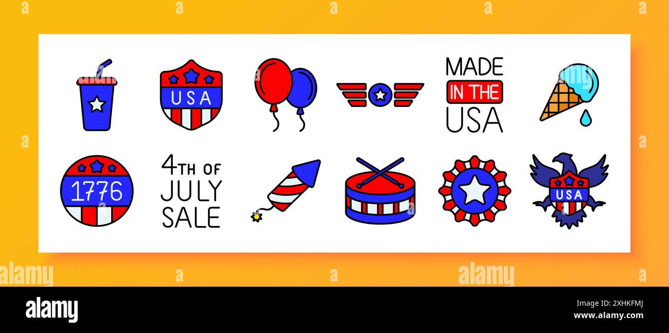 American symbols set icon. USA flag, eagle, barbecue, fireworks, Uncle ...