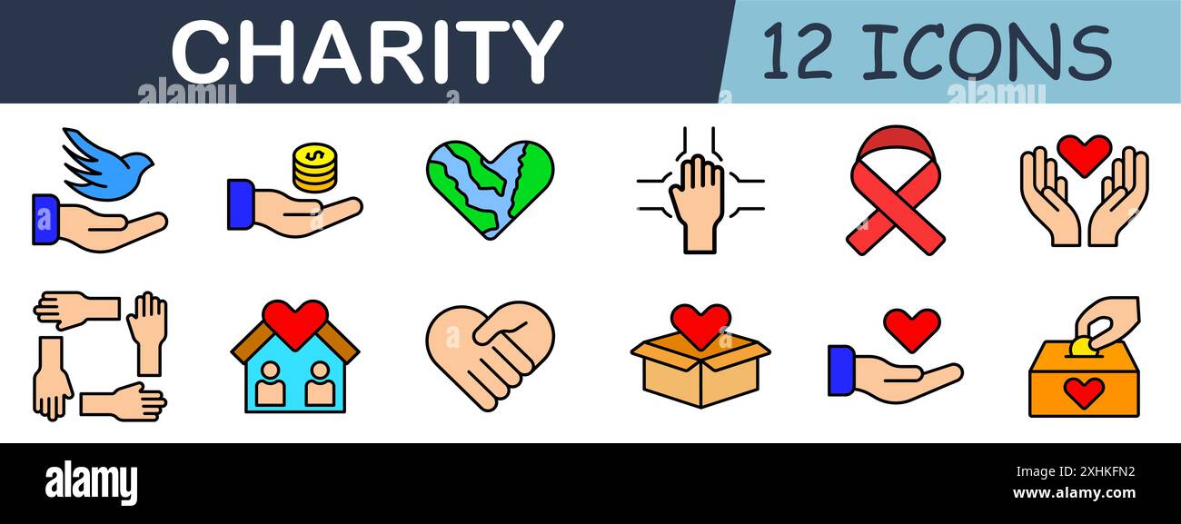 Charity set icon. Helping hands, donation, heart, earth, ribbon, box ...