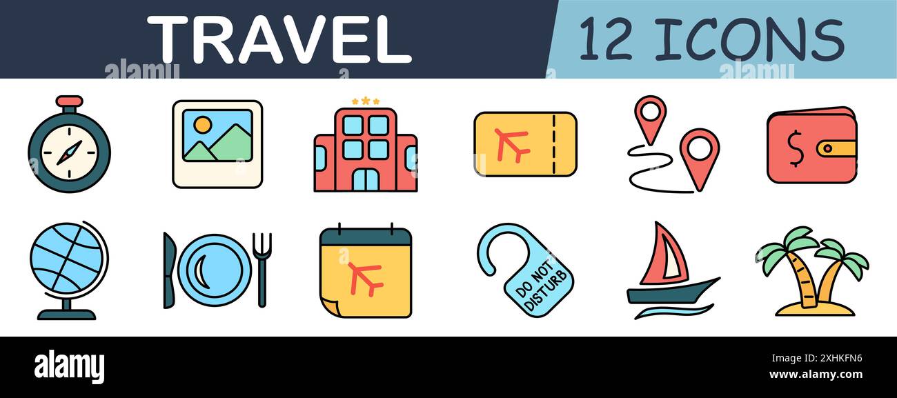 Travel set icon. Compass, hotel, airplane ticket, route map, wallet ...
