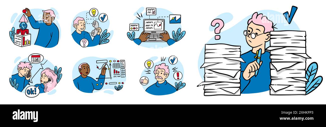 Business scenes. Office people communication. Outline color characters ...