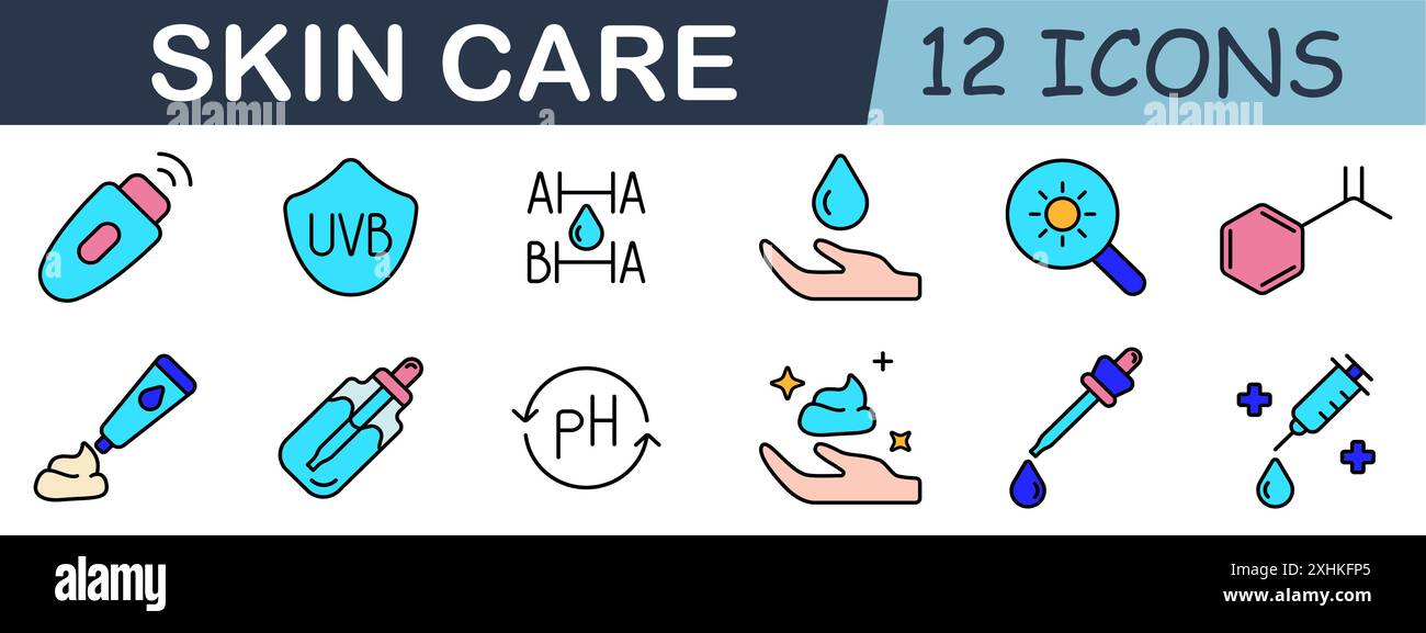 Skin care set icon. UVB shield, AHA BHA formula, moisturizer, serum, pH ...