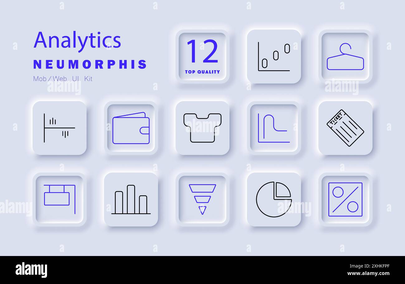 Analytics set icon. Bar chart, wallet, t-shirt, growth graph, ticket ...
