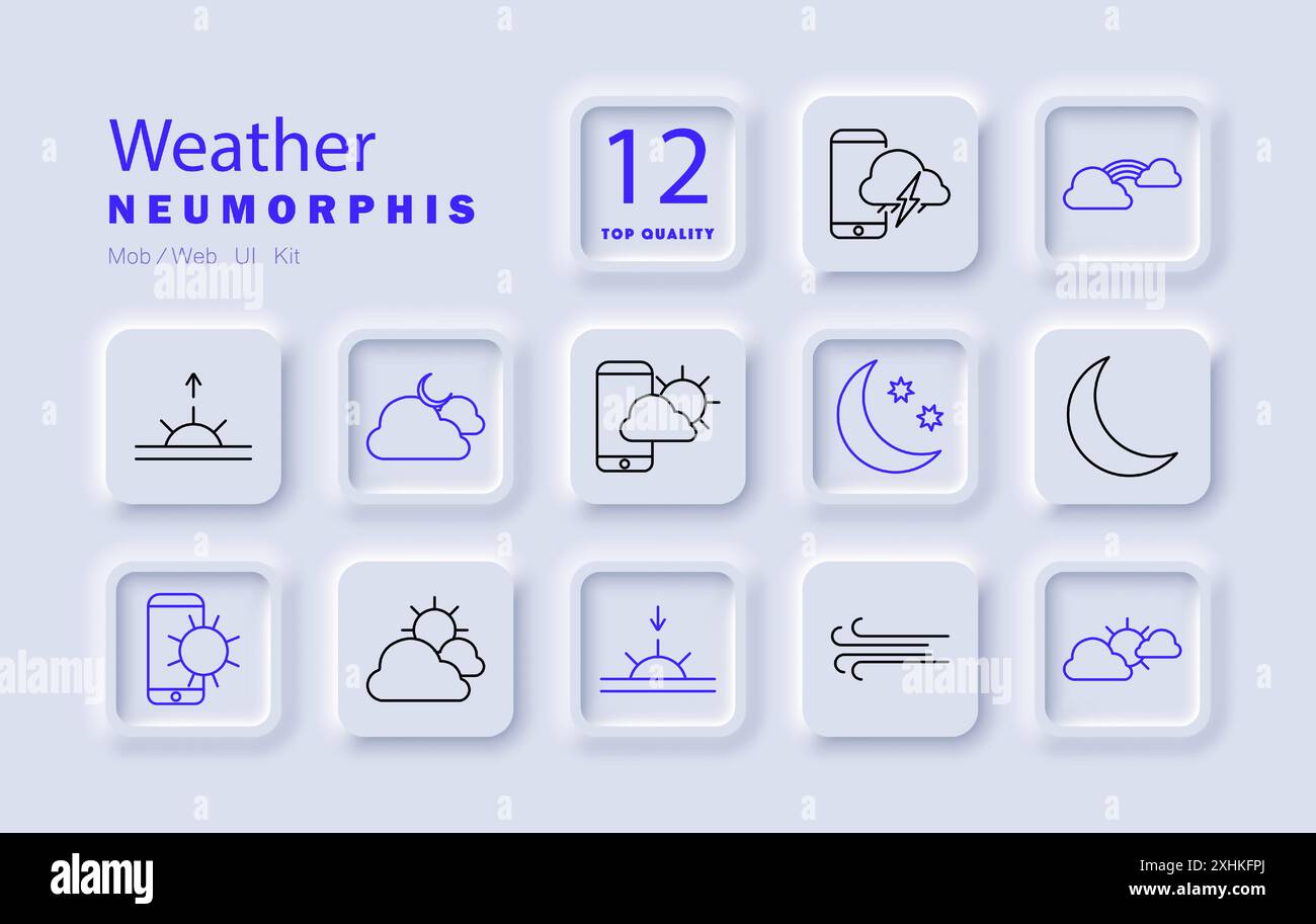 Weather set icon. Sunrise, clouds, moon, mobile app, rainbow, wind ...