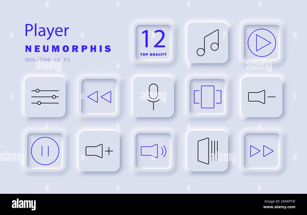 Player set icon. Music note, play, microphone, volume, pause, rewind, forward, equalizer, adjust ...