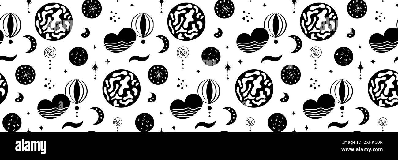 Seamless neo folk patterns with moon, cloud, sun and stars, black and ...
