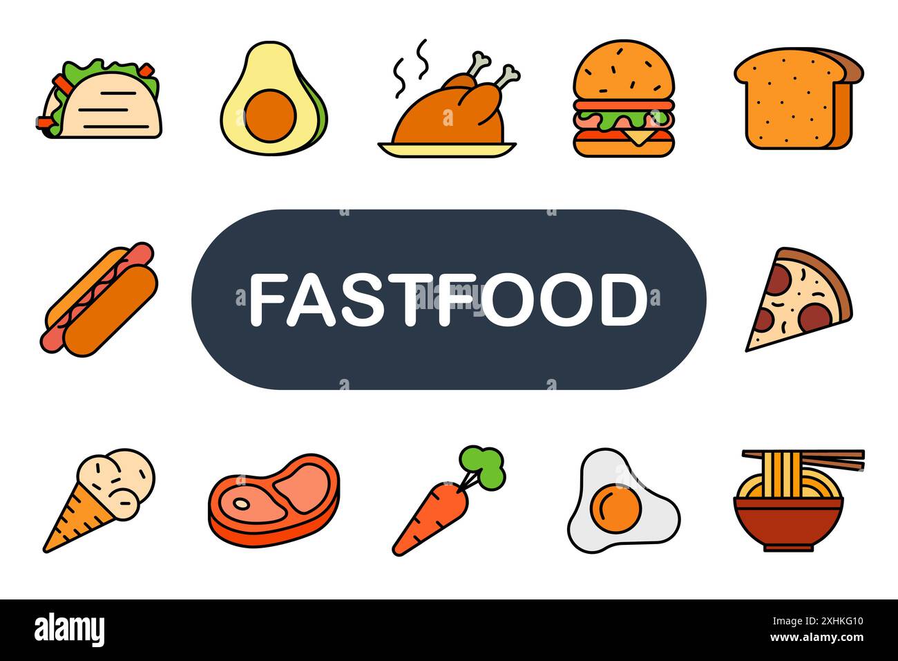 Fast food set icon. Taco, avocado, chicken, burger, bread, hotdog ...