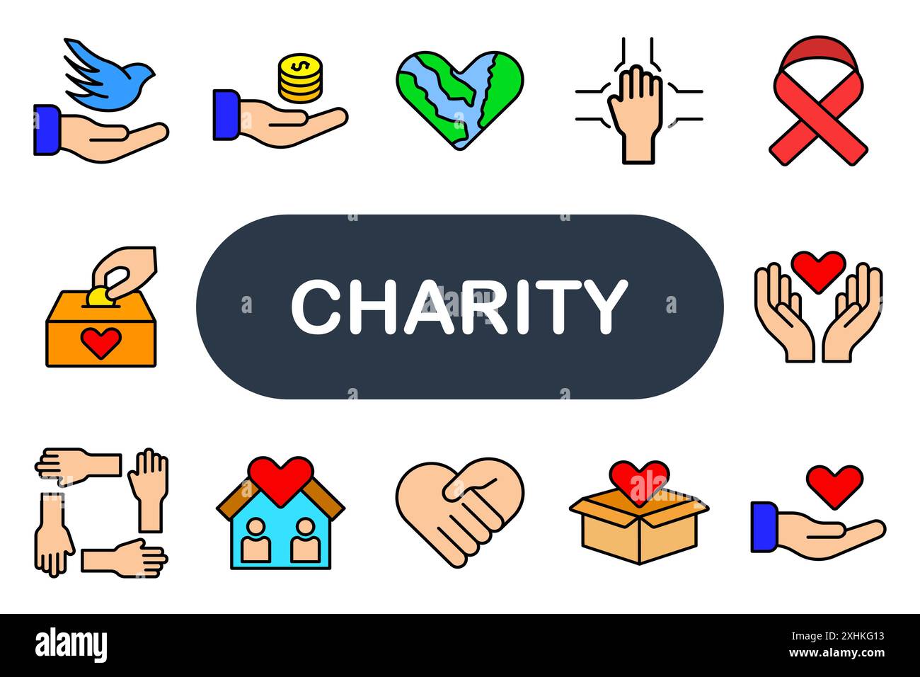 Charity set icon. Dove, donation, heart, volunteer, support, ribbon ...