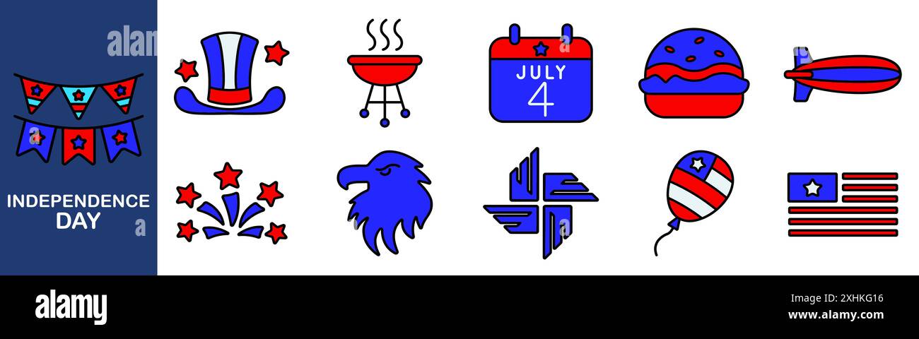 Independence Day set icon. Hat, barbecue, calendar, burger, blimp ...