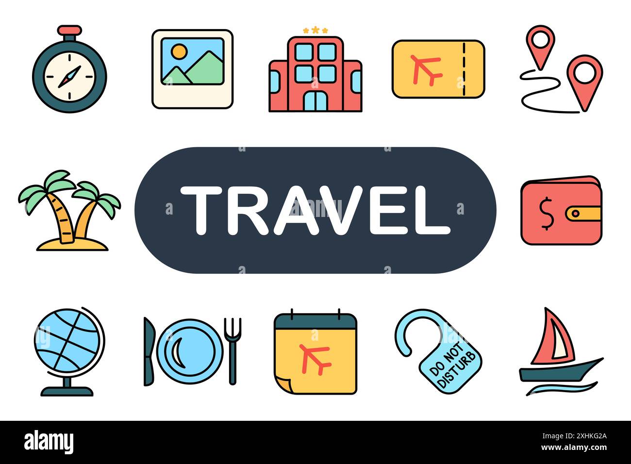 Travel set icon. Compass, photo, hotel, airplane ticket, map pins ...