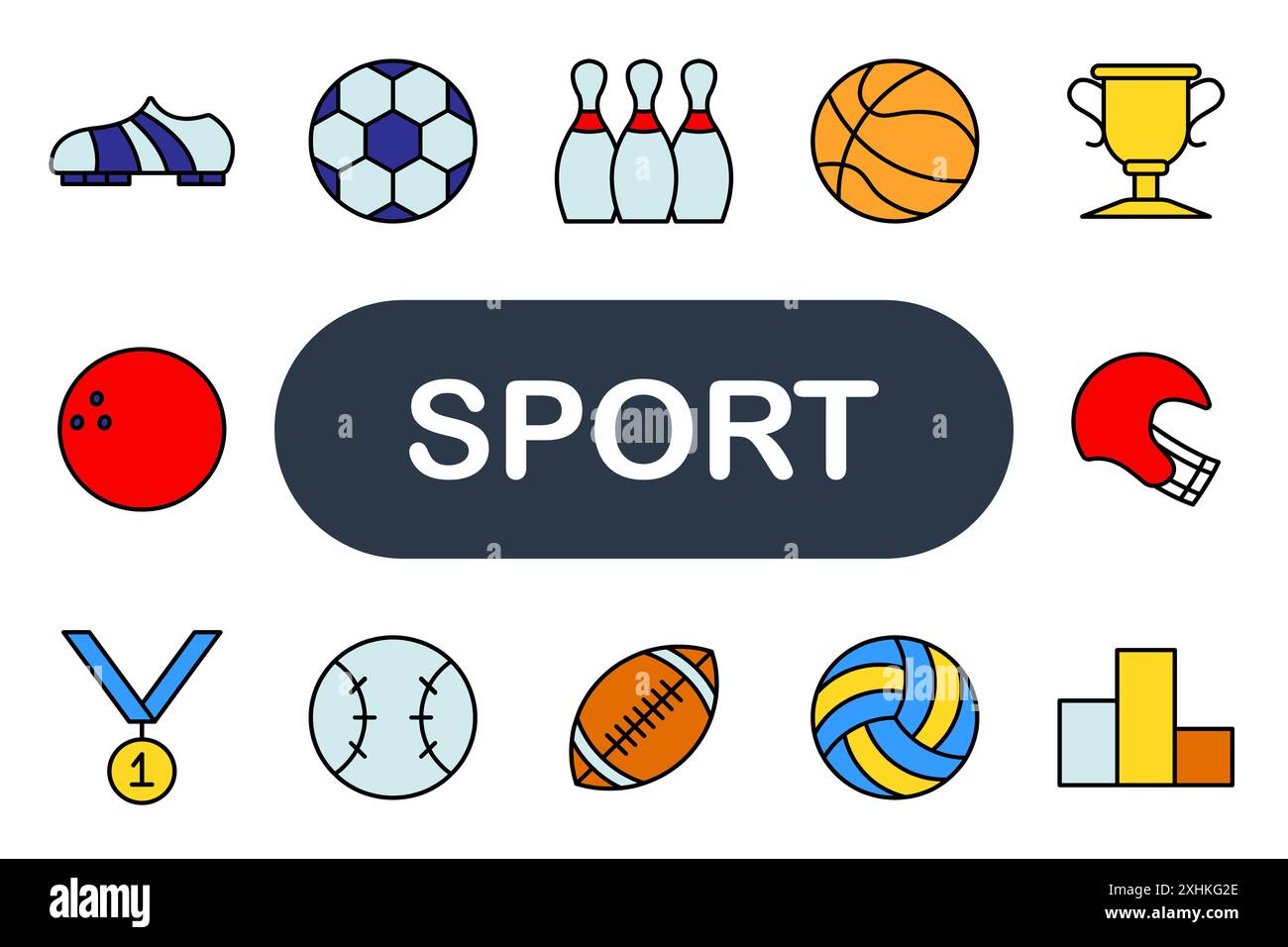 Sport set icon. Soccer cleats, football, bowling pins, basketball ...