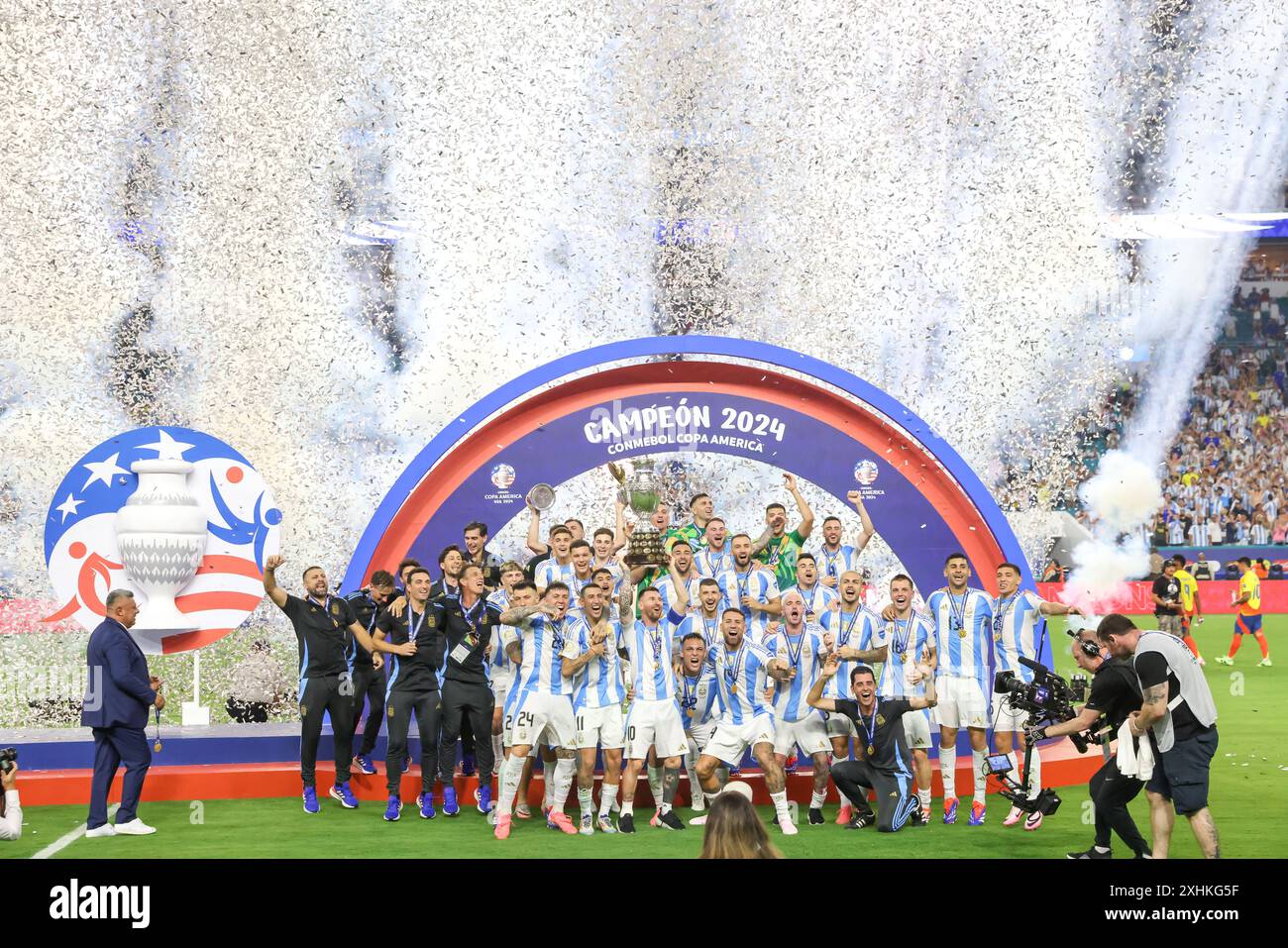 Miami, United States. 15th July, 2024. Lionel Messi lifts up the trophy ...