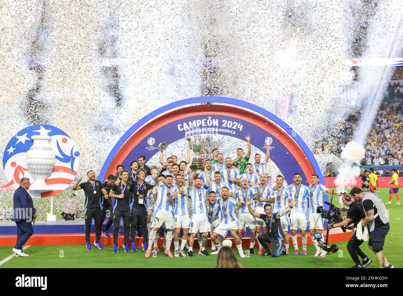 Miami, United States. 15th July, 2024. Lionel Messi lifts up the trophy ...