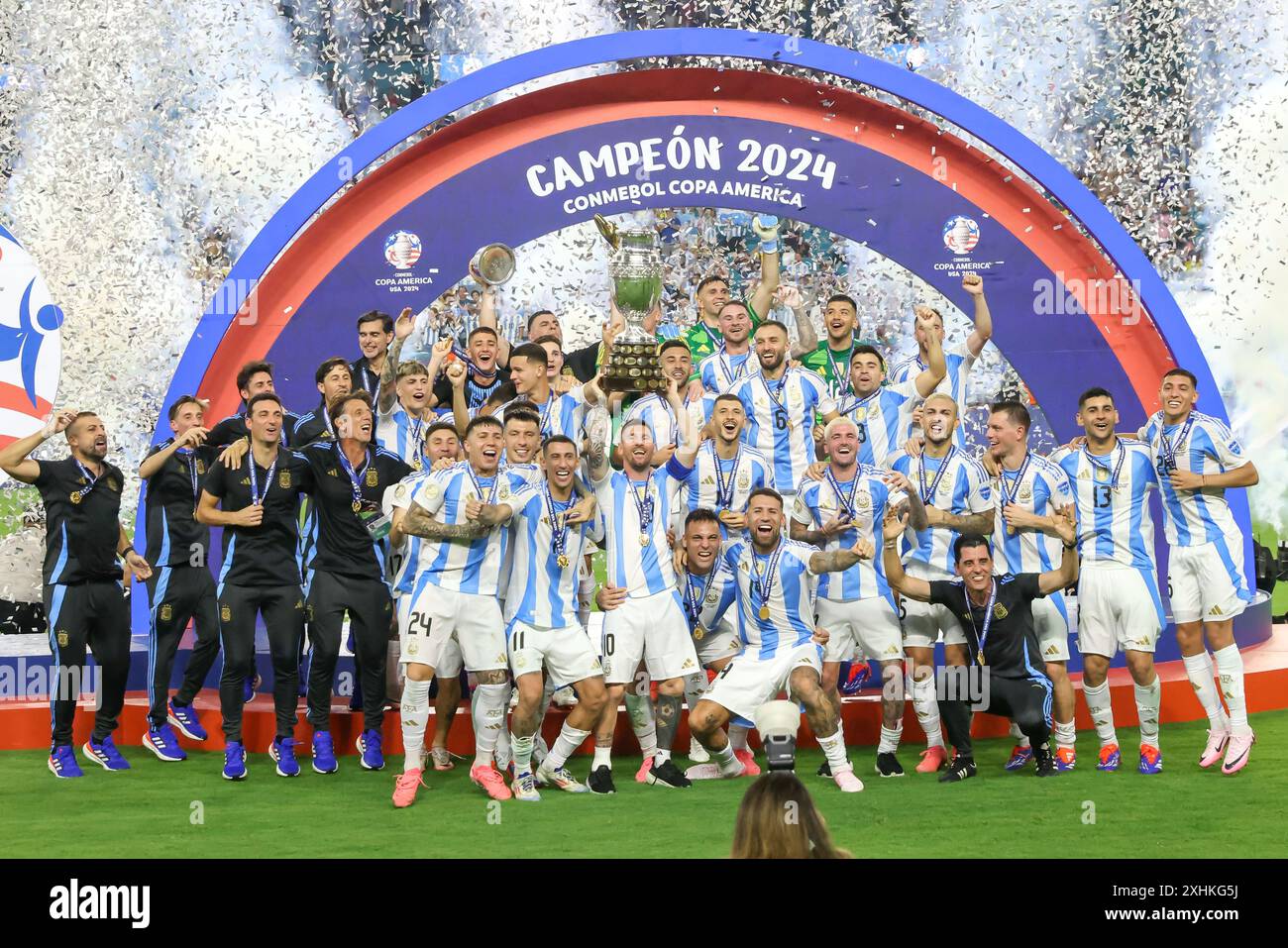 Miami, United States. 15th July, 2024. Lionel Messi lifts up the trophy ...