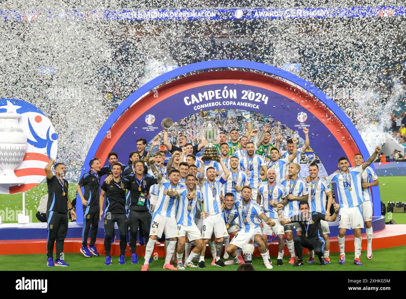 Miami, United States. 15th July, 2024. Lionel Messi lifts up the trophy ...