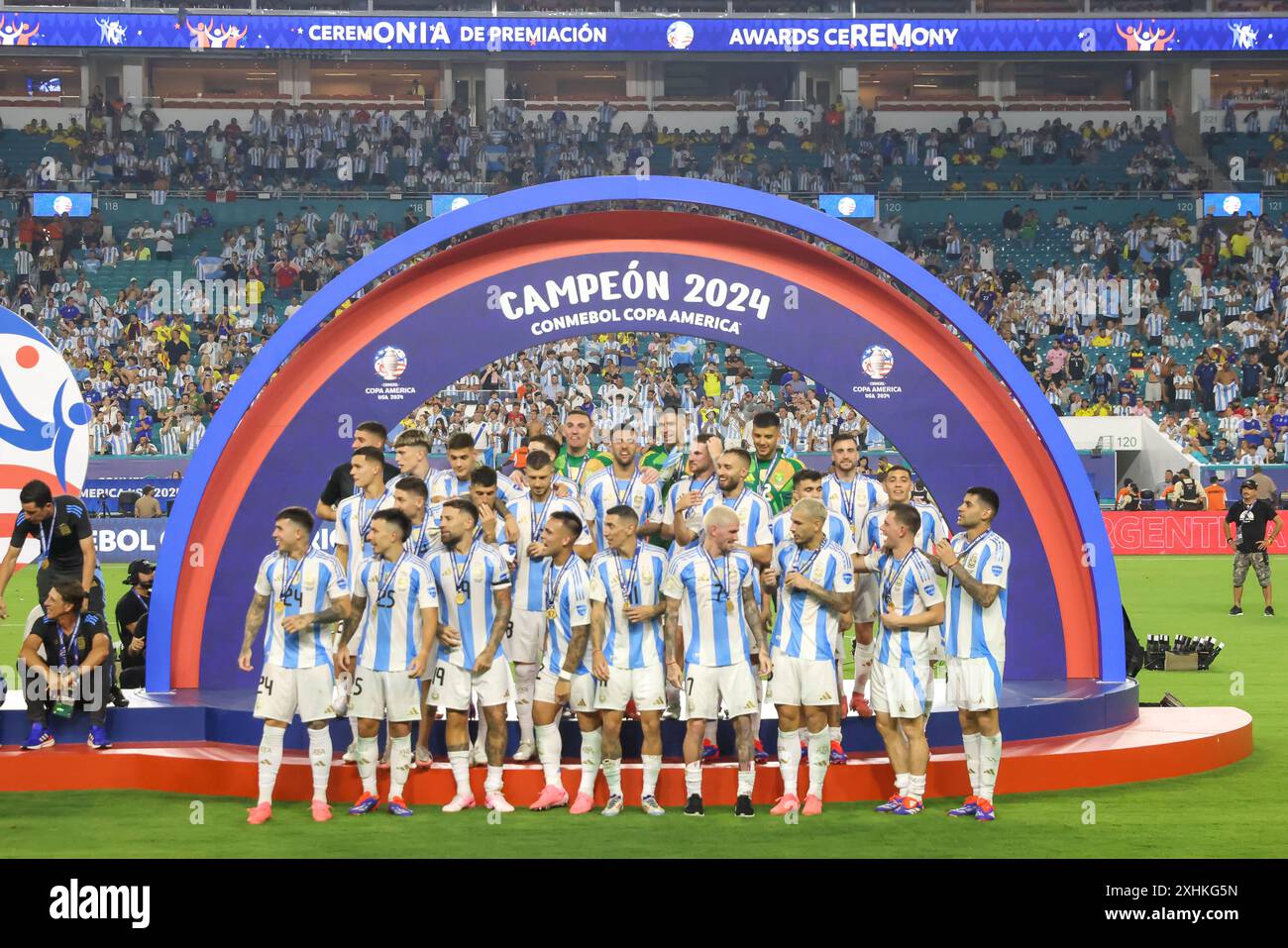 Miami, United States. 15th July, 2024. Lionel Messi lifts up the trophy ...