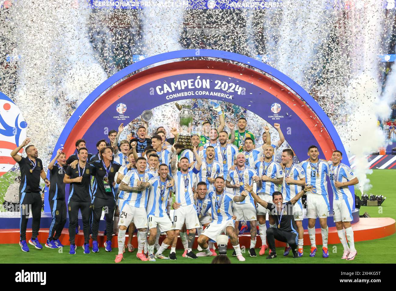 Miami, United States. 15th July, 2024. Lionel Messi lifts up the trophy ...