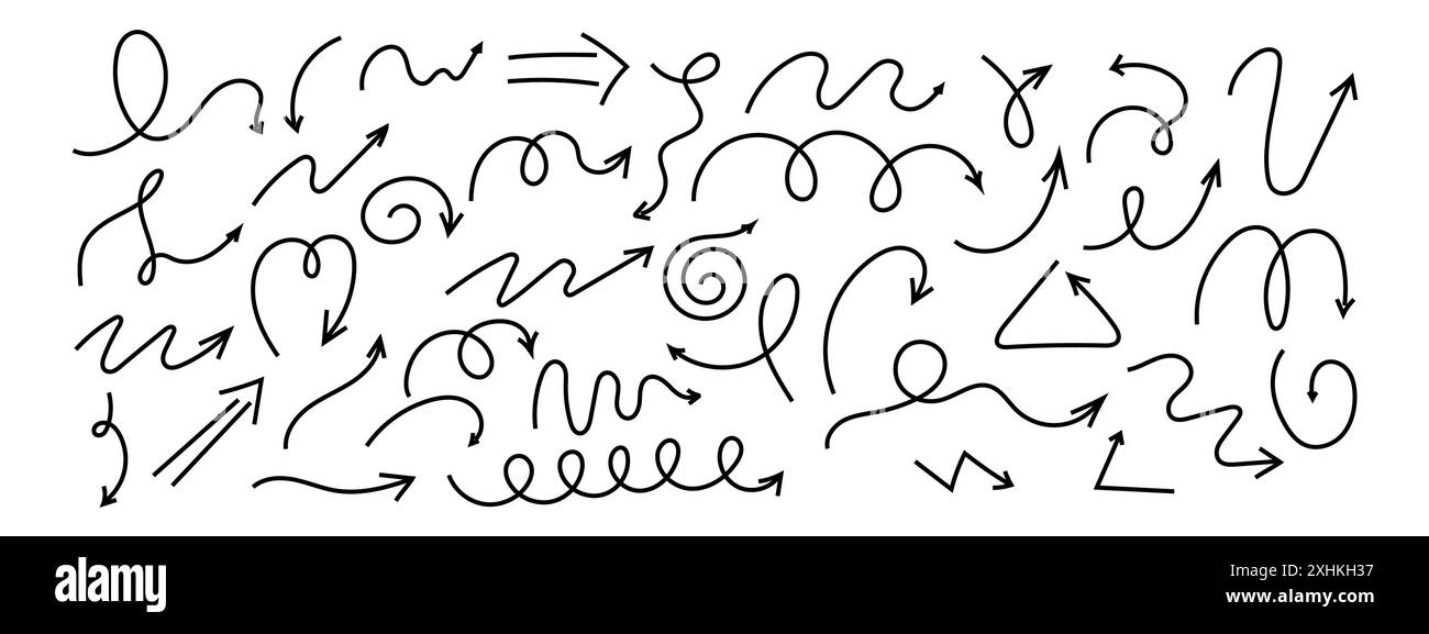 Spiral arrow doodle, wavy twist minimal squiggly line set. Curve comic ...