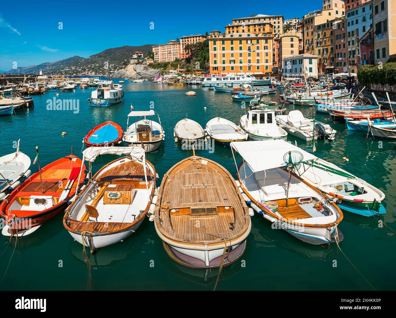 Boats and colorful buildings in the port of Camogli - small town in ...