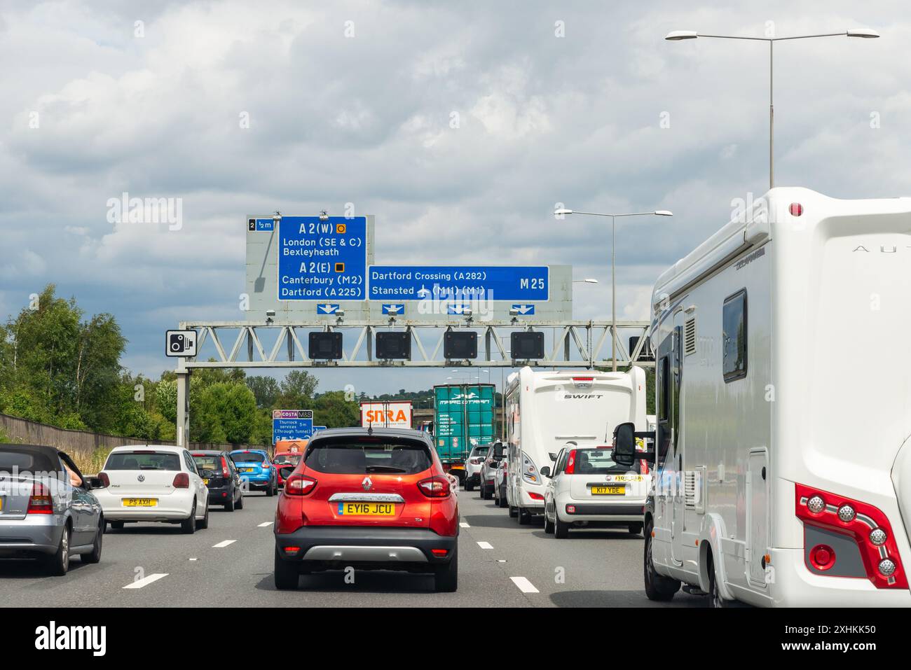 Queues of traffic on the M25 motorway heading towards the Dartford ...