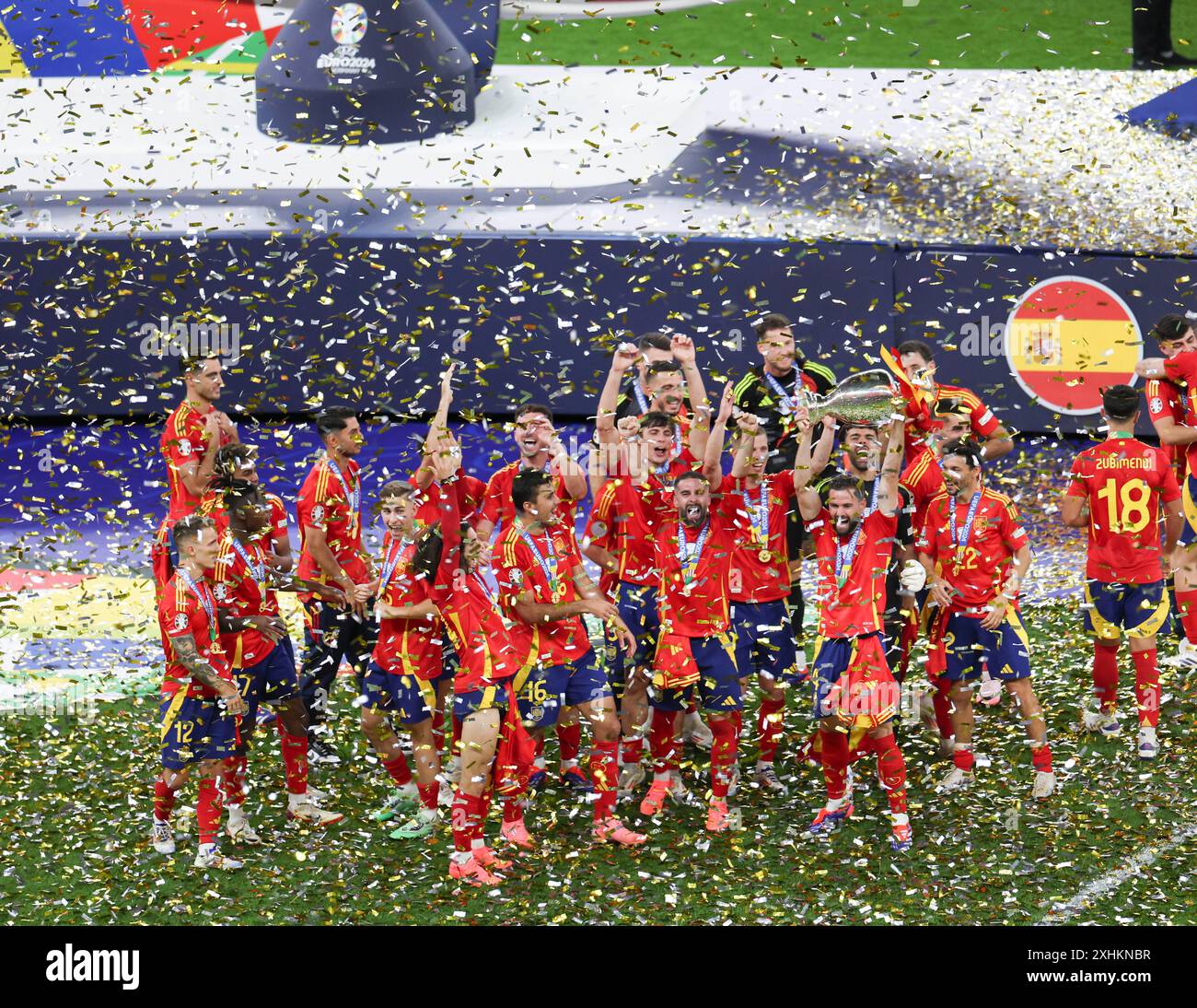 Berlin, Germany. 14th July, 2024. Players of Spain celebrate victory ...