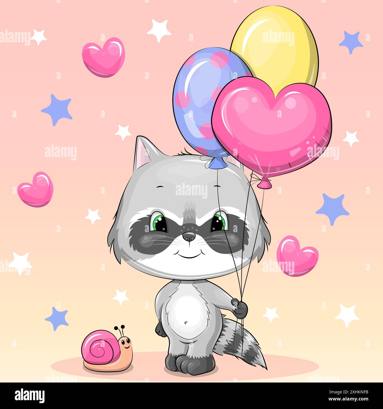 Cute cartoon raccoon with balloons and snail. Vector illustration of an ...