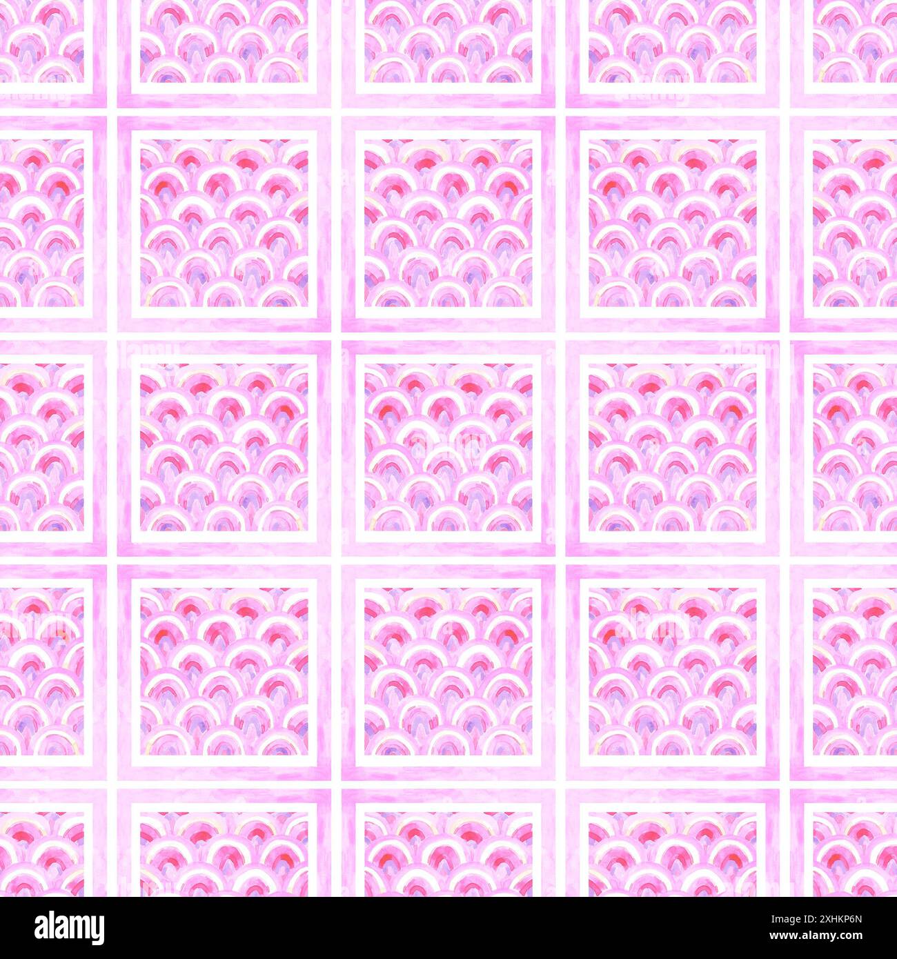 Hand drawn watercolor pink tile with lines ornament seamless pattern ...