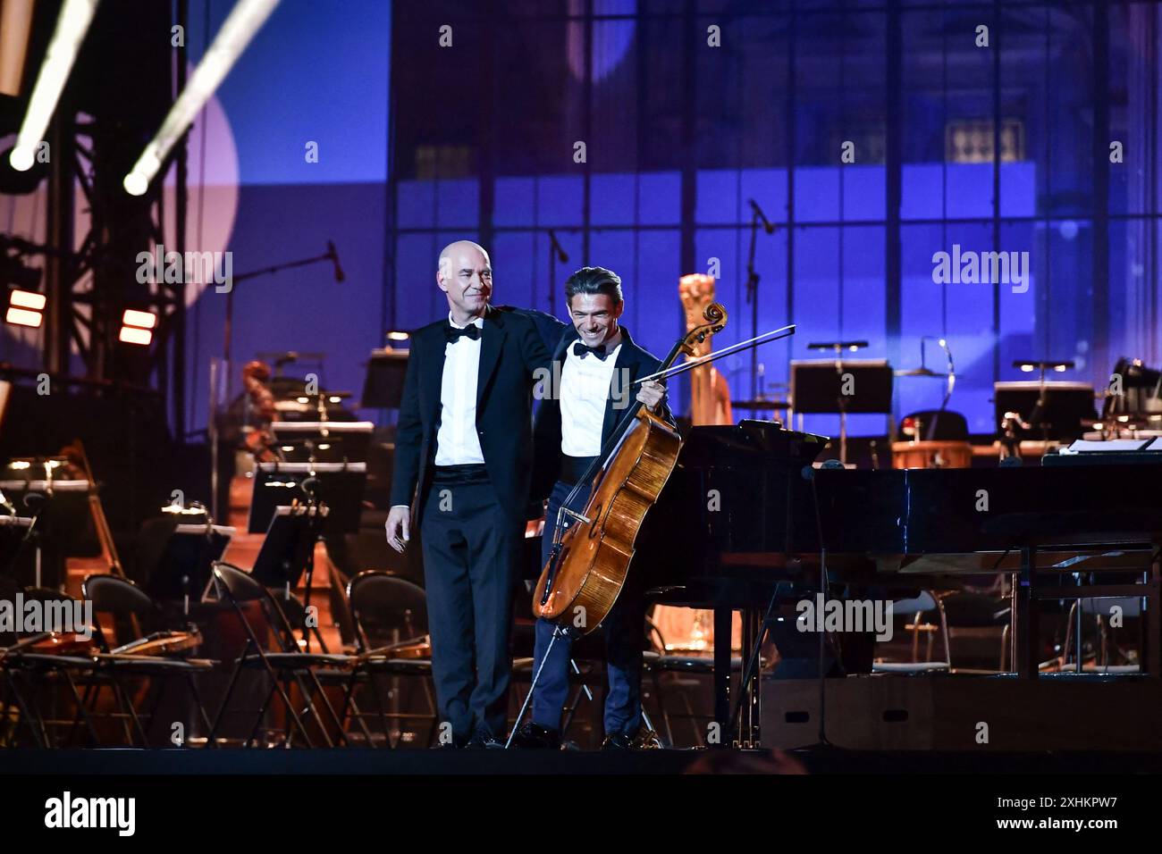 Paris, France. 14th July, 2024. French cellist Gautier Capucon embraces ...