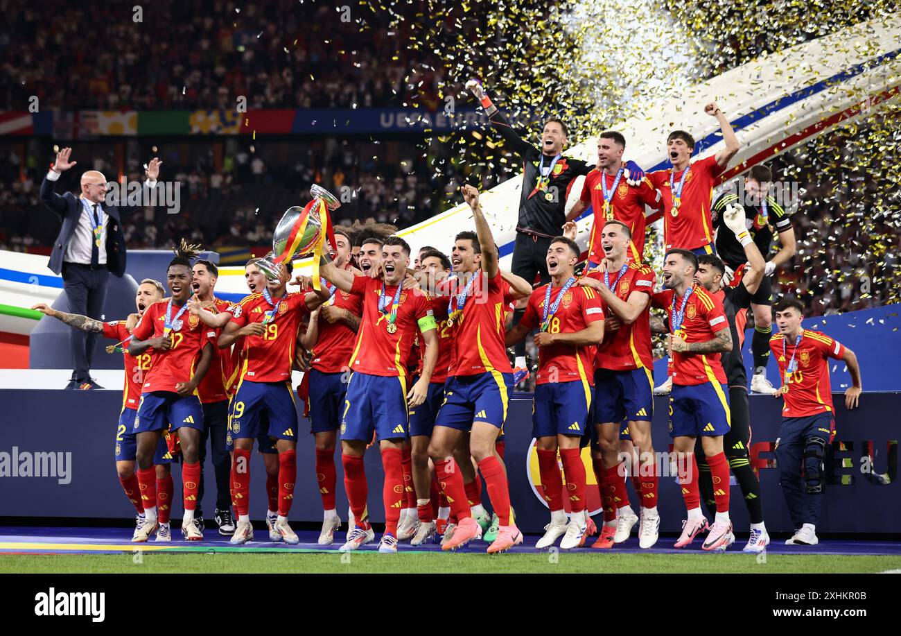 BERLIN, GERMANY - JULY 14: Alvaro Morata of Spain lifts the UEFA Euro ...