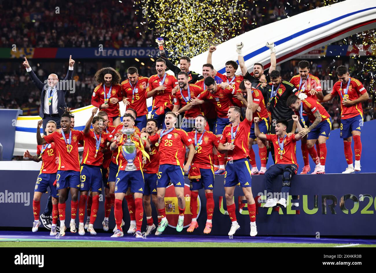 BERLIN, GERMANY - JULY 14: Alvaro Morata of Spain lifts the UEFA Euro ...