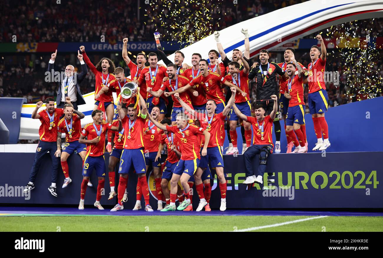 BERLIN, GERMANY - JULY 14: Alvaro Morata of Spain lifts the UEFA Euro ...